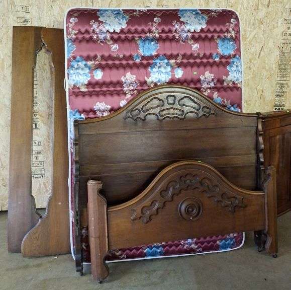 Antique Carved Bed frame with Headboard and footboard, mattress and box ...