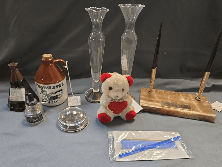 Miniature Porcelain Crock Jug, Stone Slab, 2 - Etched Glass Bud Vases ...