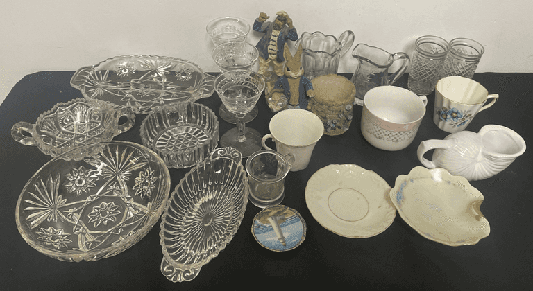 Pressed clear glassware assortment, glass creamers, figurines, Lefton cup - Metzger Property ...
