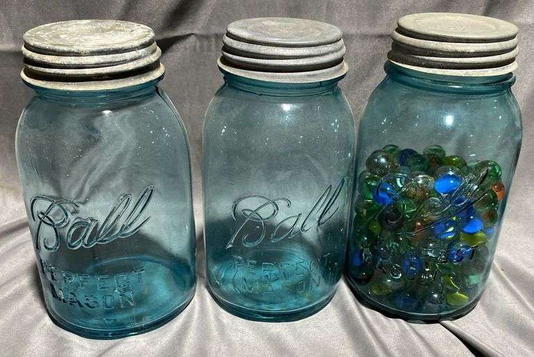 7 Blue Ball Jars w/ Zinc lids, canner rack & some marbles - Metzger ...
