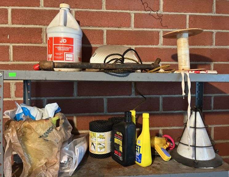 Metal shelf with contents inc. c clamps, oil, bug zapper, hardware ...