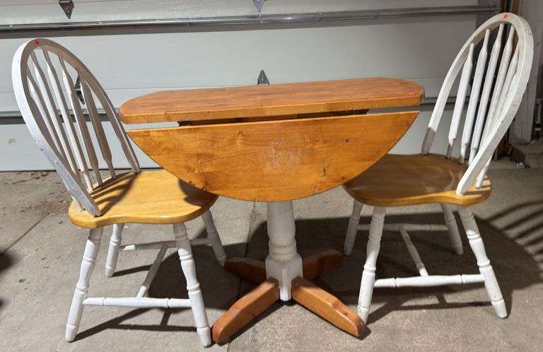 2- Wood Chairs 17”x18”x36”, Wood table 36”x18”x38” - Metzger Property ...