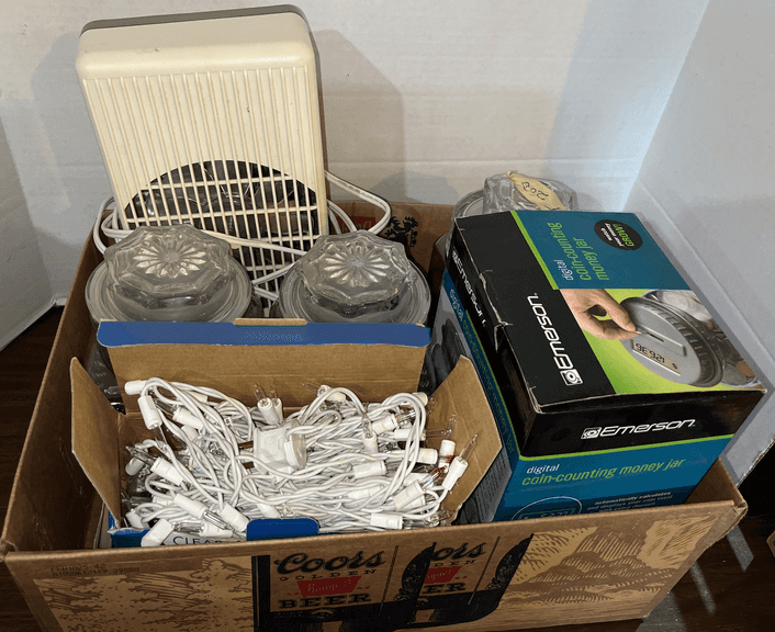 Canisters, Christmas lights, coin counting jar, Equalizer EQ2 fan ...