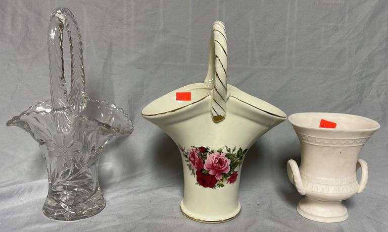 Formalities floral basket vase 9”H, cut glass basket vase 10”H ...
