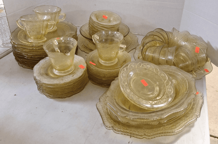Amber glass dish assortment inc. cream, sugar, plates, saucers, mugs ...