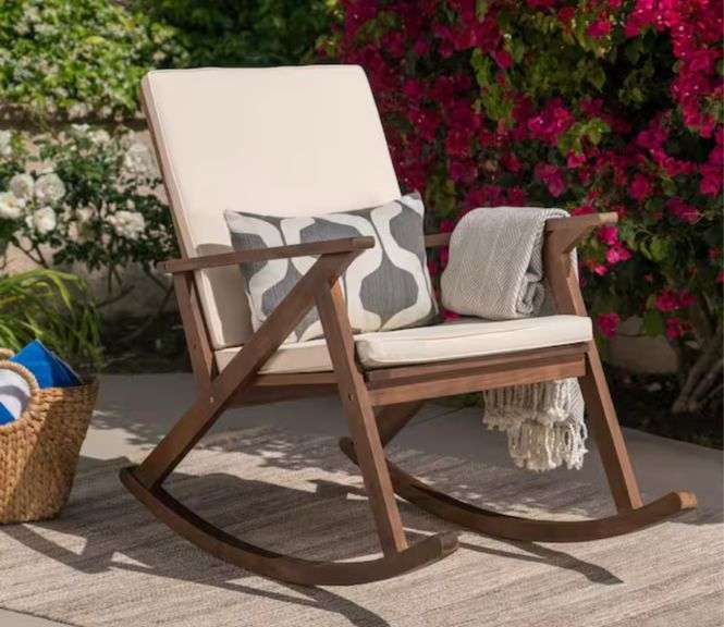Noble House Gus Dark Brown Wood Outdoor Patio Rocking Chair with Cream ...