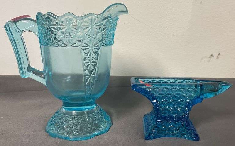 Blue glass creamer (chipped) and anvil blue glass toothpick holder 5.5 ...