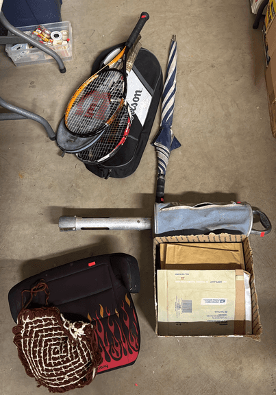 Booster seat, tennis racquets, umbrella, golf ball collector, bubble ...