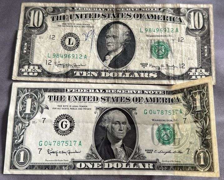 1963-A Ten Dollar Note, 1963 One Dollar Note - Metzger Property ...