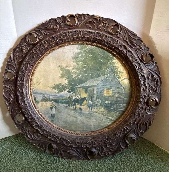 Circular Framed Print Titled ‘The Country Smithy’ with Carved Detailing ...