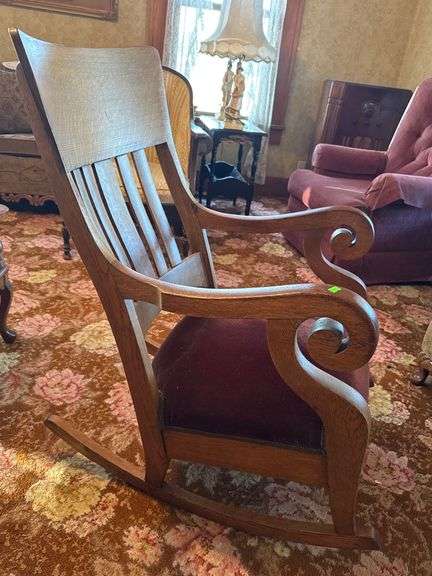 Oak Rocking Chair with Slatted Back and Burgundy Upholstery, 32.5 D x ...