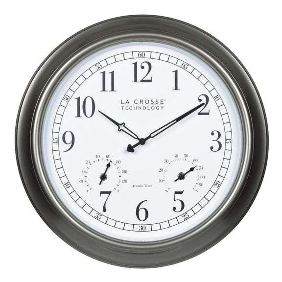 LA CROSSE - 18 in. Indoor Outdoor Atomic Analog Clock with Thermometer ...