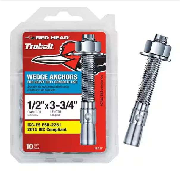 Red Head Trubolt 1/2″ x 3-3/4″ Wedge Anchors, 10 Ct, ICC-ES ESR-2251 ...