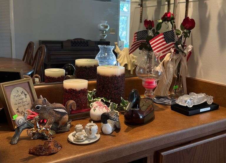 Decorative Items Including Ceramic Figurines, Painted Duck, and Crystal ...