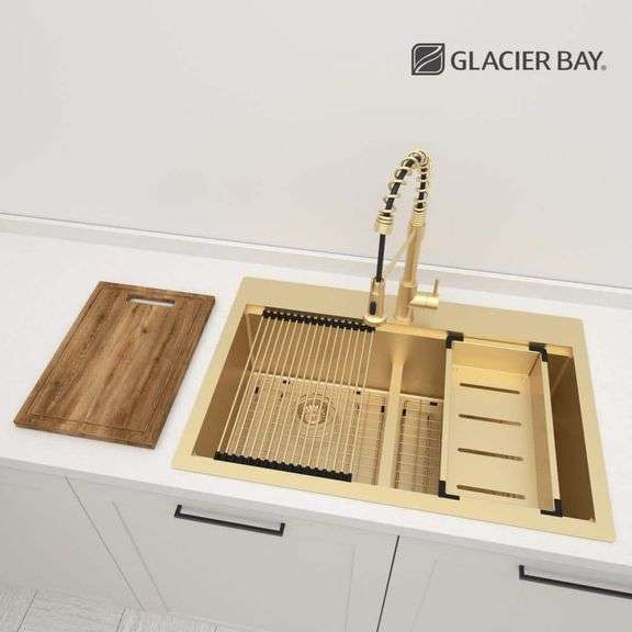 GLACIER BAY - 33 in. Drop-In Double Bowl 18-Gauge Gold Stainless Steel ...