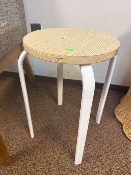 Round Laminated Wood Top Stool with White Metal Legs roughly 18in H X ...