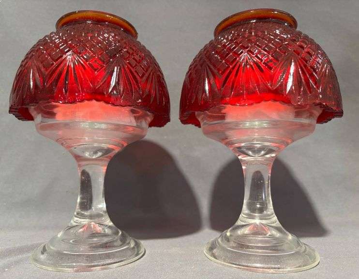 2 – L.E. Smith Pressed Glass Fairy Lamps with Ruby Domed Shades 8” Tall ...