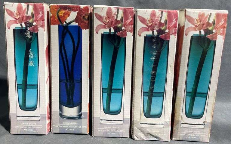 Colony Crafts Handblown Cased Glass Vases – 4 Square Teal & 1 Round ...