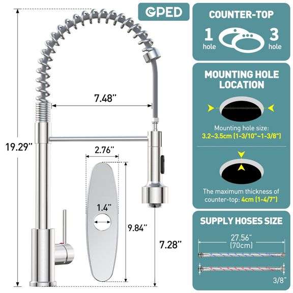 GPED - GPED Kitchen Faucet with Pull Down Sprayer & 3-Modes LED Light ...