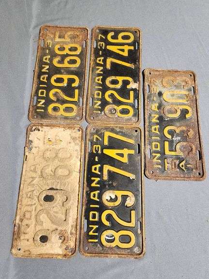 5 Indiana 1937 Metal License Plates with Yellow Text on Black ...
