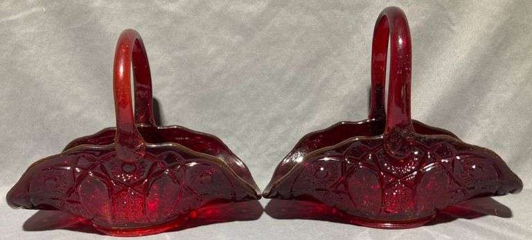 2 LE Smith Style Ruby Red Glass Baskets with Embossed Patterns, 10”x8 ...