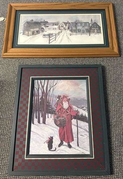 2 Framed Prints by Pat Richter inc. ‘Snow Village’ and Santa Scene 28× ...