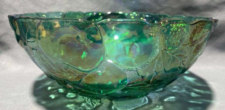 Indiana Glass Style Green Iridescent Glass Bowl with Floral and Fruit ...