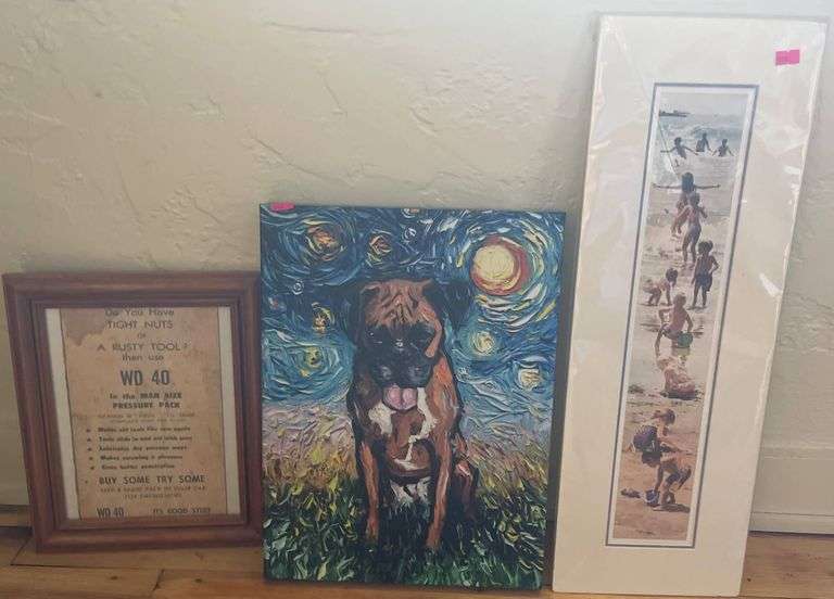 Framed WD-40 Advertisement, Boxer Oil Painting, and Beach Scene Print ...