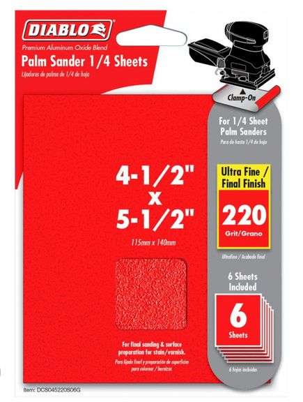 Diablo Palm Sander Sheets 1/4”, 220 & 60 Grit, Pack of 6 - Metzger ...