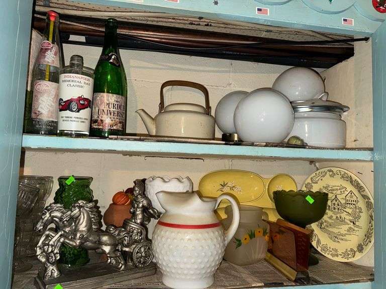 Milk Glass Pitcher, Metal Horse-Drawn Chariot Figurine, and Assorted ...