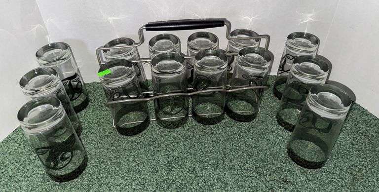 14 Dorothy Thorpe Style Glass Cups with Metal Carrier and Lettering ...