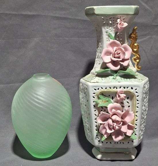 Balos Frosted Green Blown Glass Vase and Porcelain Vase with Applied ...