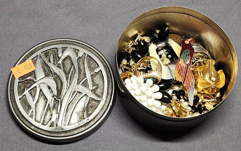 Metal Trinket Box by Metzke Inc. with Jewelry and Turquoise Stone Ring ...