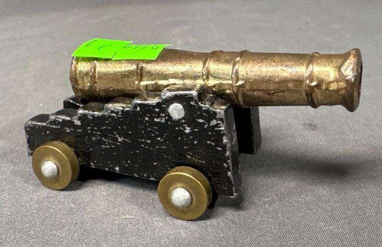 Iron Model Cannon with Brass Finish Barrel on Wheeled Base, 3 ...