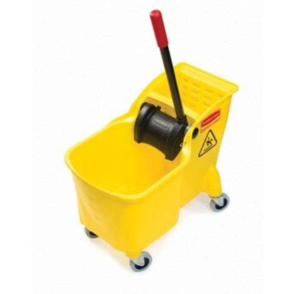 Yellow Mop Bucket With Wringer and Caution Wet Floor Label - Metzger ...