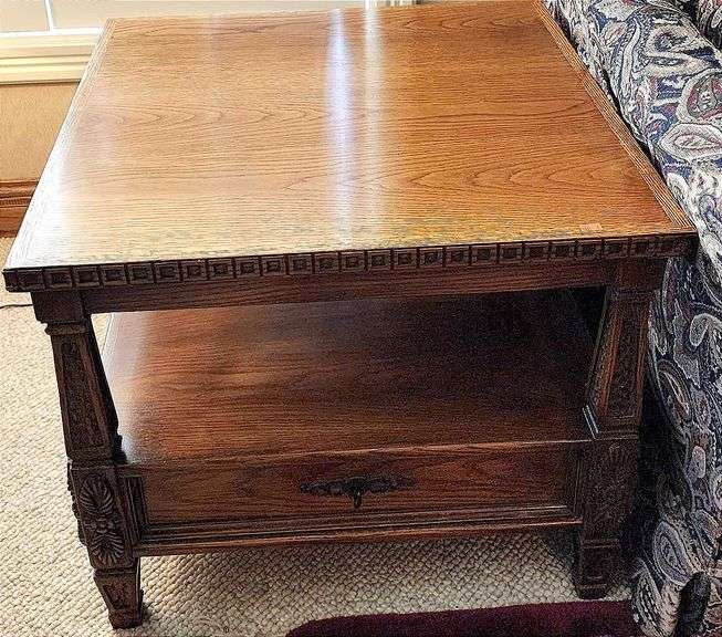 Carved Romweber Viking Oak Side Table with Drawer and Shelf 26x26x22 ...