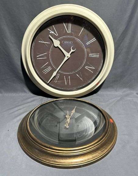 2 Wall Clocks by Chaney with Roman Numerals 16” & 18” (both damaged ...