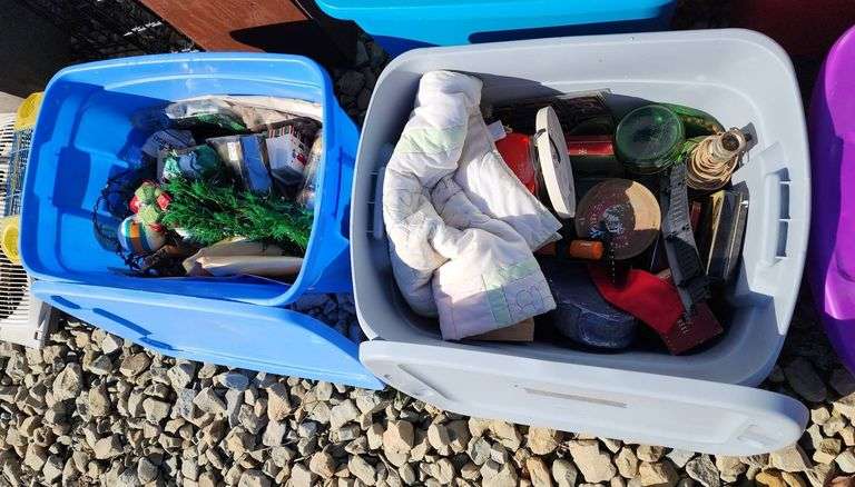 Bins Containing NASCAR and NFL Collectibles, Seasonal Decorations, and ...