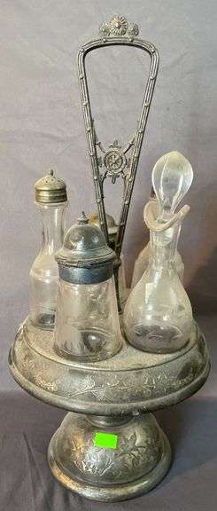 Silver-Plated Condiment Caddy With Glass Bottles and Stoppers, 15.5”H ...