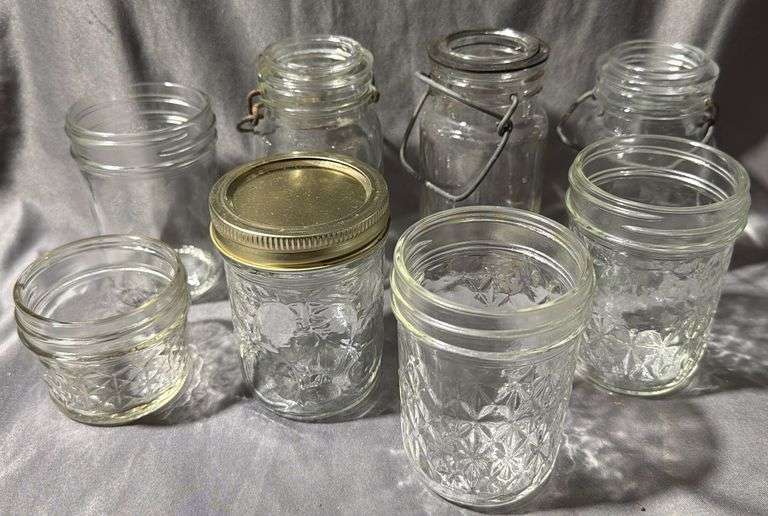 Eight Clear Glass Jars with Embossed Designs and Metal Lids 2.5” – 5 ...