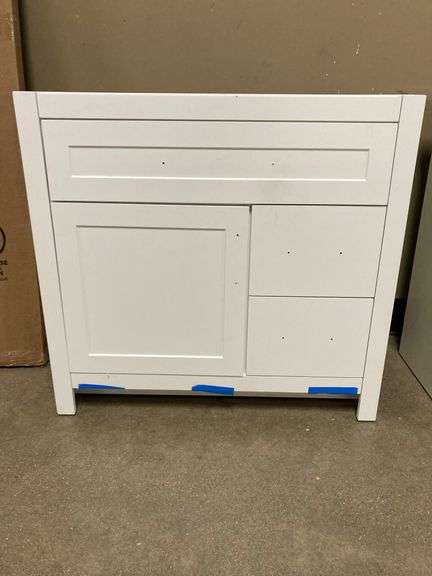 White Vanity Cabinet with Drawers and Hinged Door-36”Wx34”Hx18”D ...