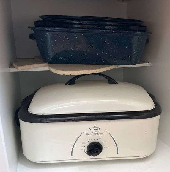 White Rival Electric Roaster Oven with Black Dial and Enamel Pans ...