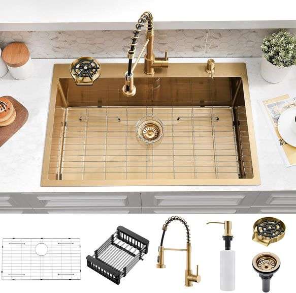 SOMRXO - Drop In Kitchen Sink with Faucet Combo - Stainless Steel Gold ...