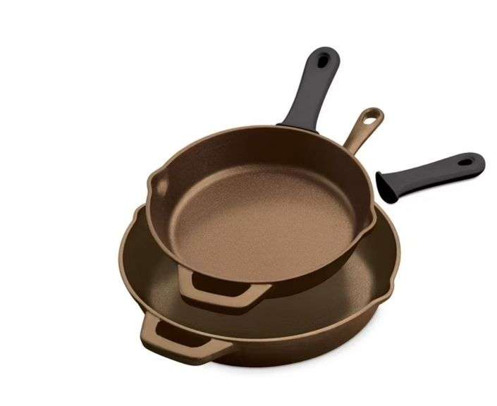Non-Stick Cast Iron Skillets with Removable Silicone Handles. 10”-12 ...