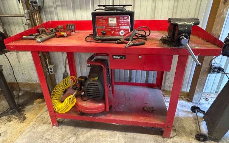 Red Metal Bench w/ Attached Drawer, Clarke Logo, and Larin Bench Vise ...