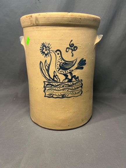 Bo. 6 Salt Glazed Stoneware Crock with Blue Bird Design, 8.5” x 10 ...