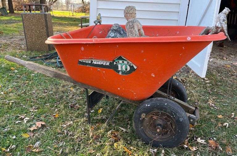 Steel-Frame Wheelbarrow with Contents of Outdoor Figurines and ...