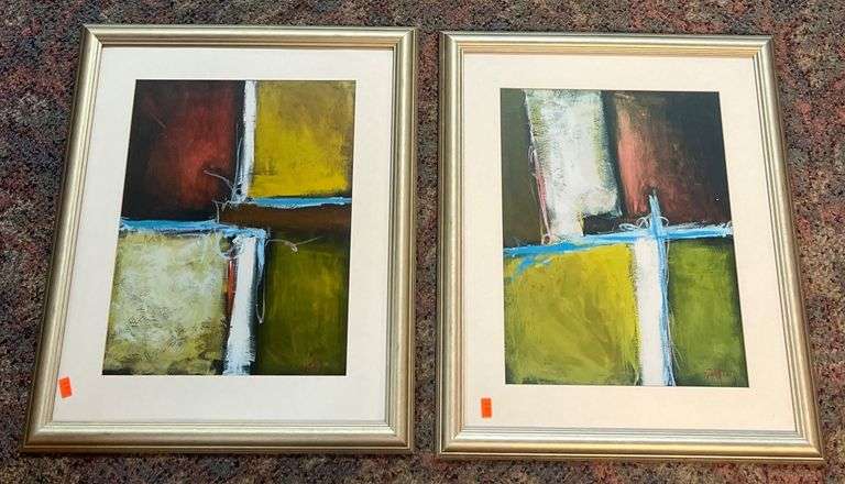 2- Framed Abstract Paintings with Metallic Frames, 15×18″ - Metzger ...