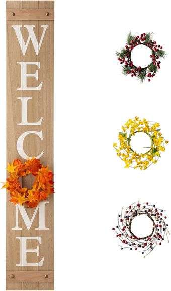 - Glitzhome Welcome Sign with 4 Interchangeable Floral Wreaths for ...
