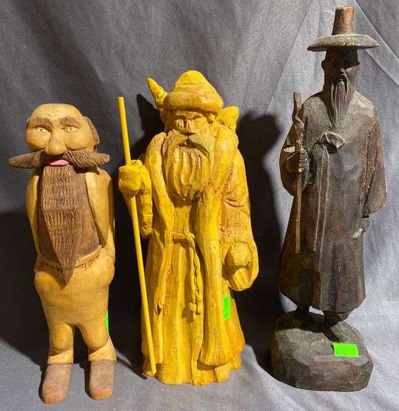 3 Hand-Carved Figurines Featuring Bearded Figures Inc Wood Carved Santa ...